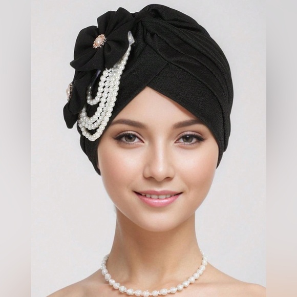 Accessories | Elegant Black Turban With Pearl Accents | Poshmark